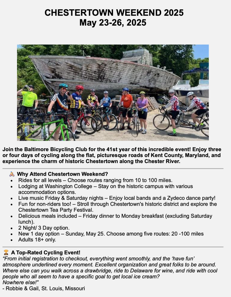 Baltimore Bicycle Club Chestertown Weekend 2025 - Bike Maryland | Bike ...